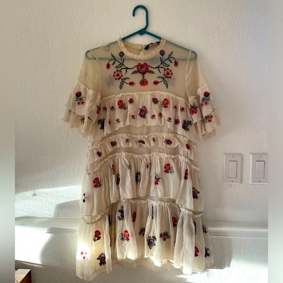 Zara | Dresses | Zara Xs Delicate Layered Ruffle Dress With Embroidered ...